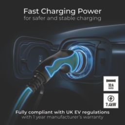 Masterplug 32A 7kW Mode 3 Type 2 Plug EV Charging Cable 5m - Screwfix