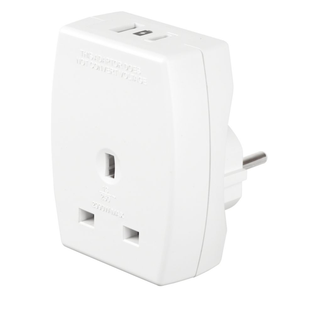 Masterplug Travel Power 13A Unfused Adaptor + 2.1A 10.5W 2-Outlet Type ...