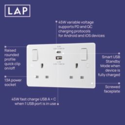 LAP 13A 2-Gang SP Switched Socket + 3A 22W 2-Outlet Type A & C USB ...
