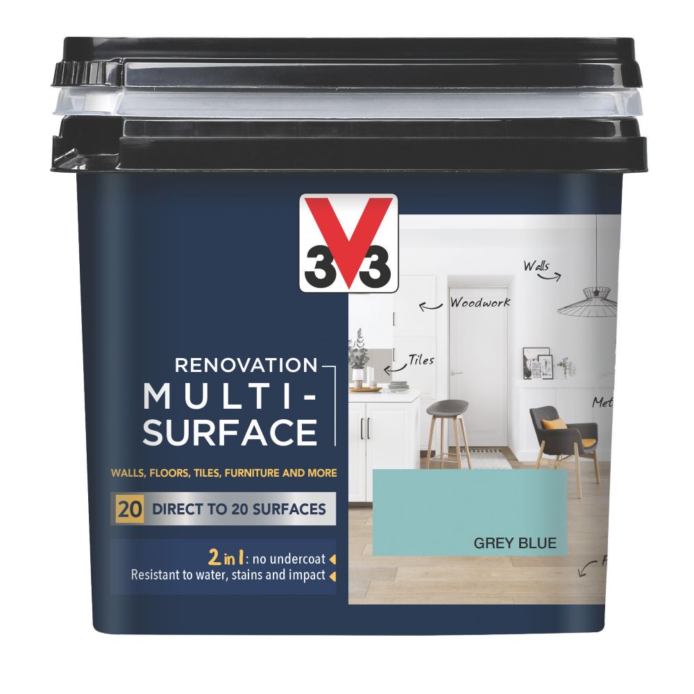 V33 750ml Grey Blue Satin Acrylic Multi Surface Paint - Screwfix
