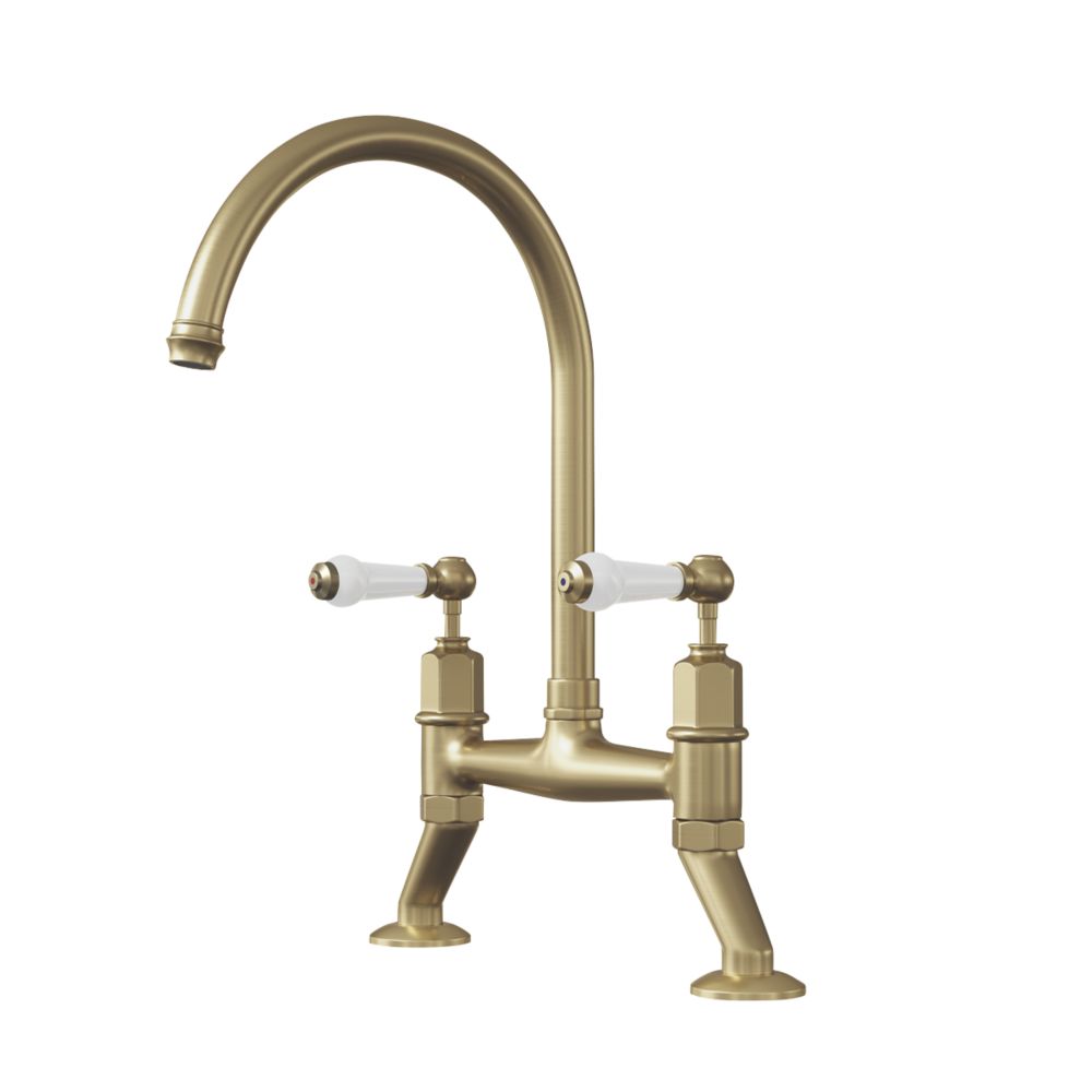 ETAL Alton Deck Mounted Dual Lever Bridge Mixer Brushed Brass - Screwfix