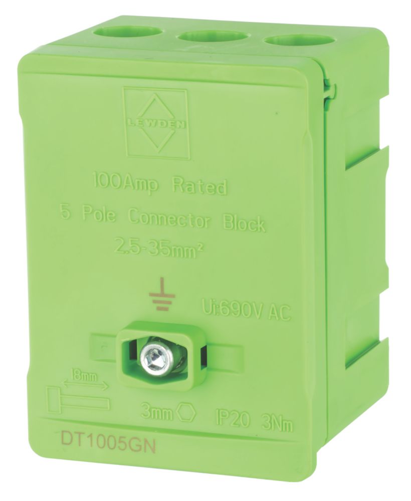 Lewden 100A 5-Way 2.5-35mm² Connector Block Green - Screwfix
