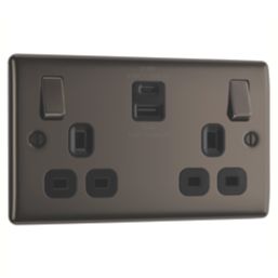 British General Nexus Metal 13A 2-Gang SP Switched Socket + 2.4A 22W 2-Outlet Type A & C USB ...