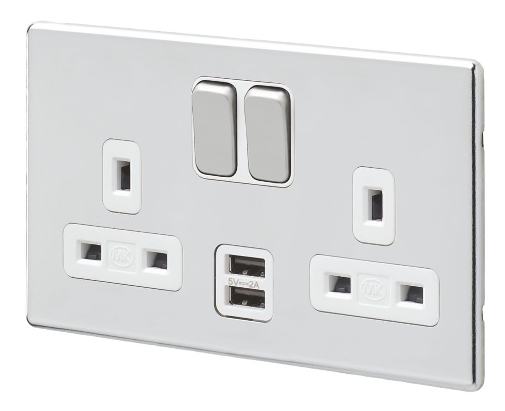 MK Aspect 13A 2-Gang DP Switched Socket + 2A 2-Outlet Type A USB ...