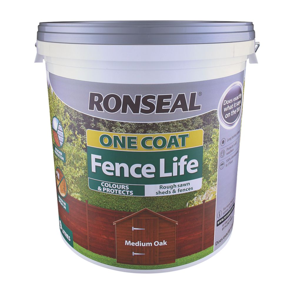 Ronseal One Coat Fence Life Medium Oak 9Ltr | Fence Paint | Screwfix.com