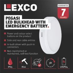 Lexco Pegasi Indoor Maintained or Non-Maintained Emergency Round LED Bulkhead White 19W 1200 ...