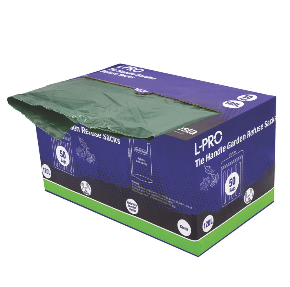 L-PRO Green Garden Refuse Sacks in Dispenser Box 120Ltr 50 Pack - Screwfix