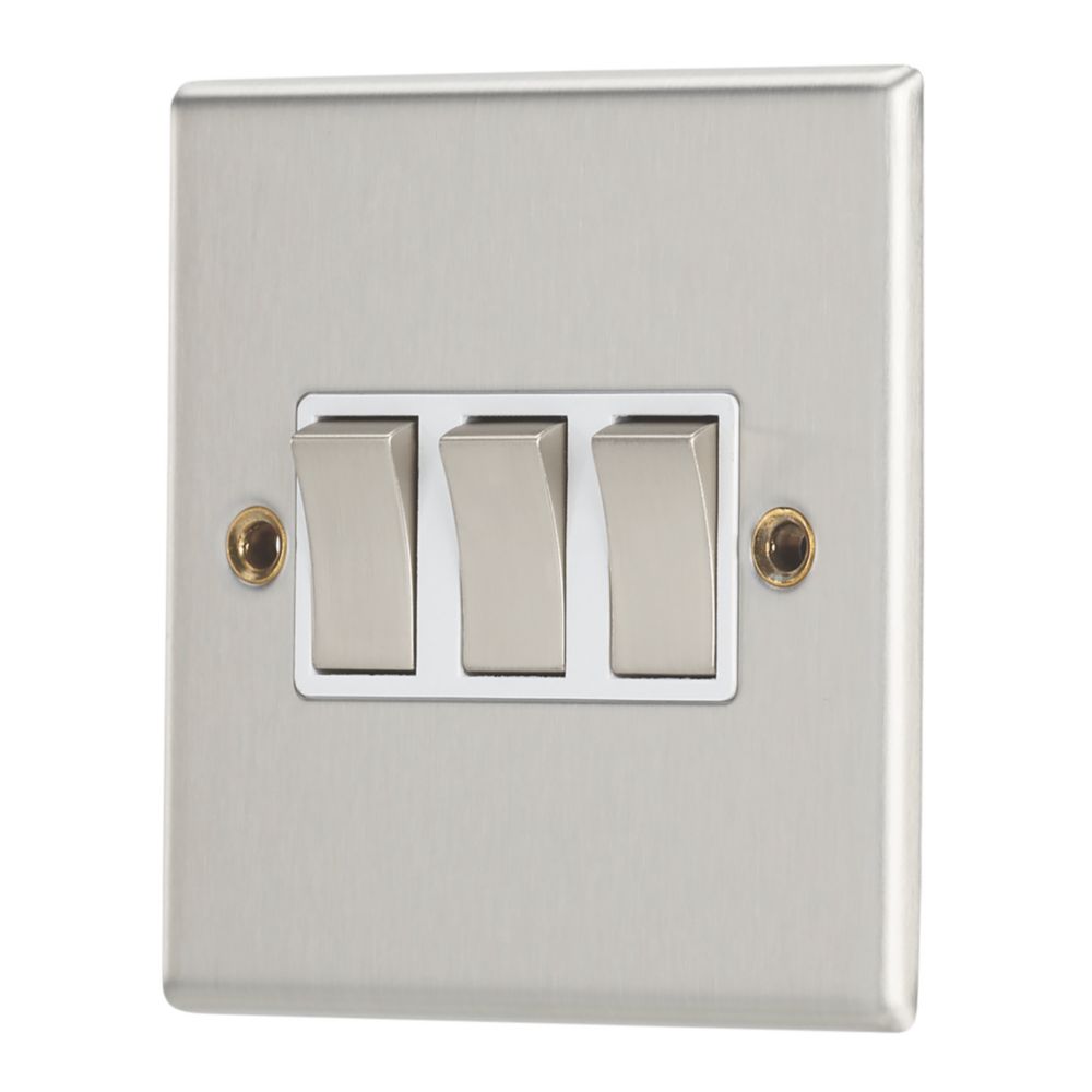 Contactum iConic 10AX 3-Gang 2-Way Light Switch Brushed Steel with ...