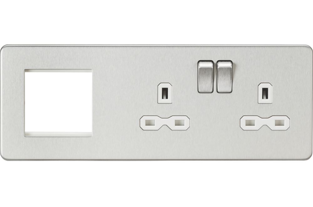 Knightsbridge 13A 2-Gang DP Combination Plate Brushed Chrome with White ...