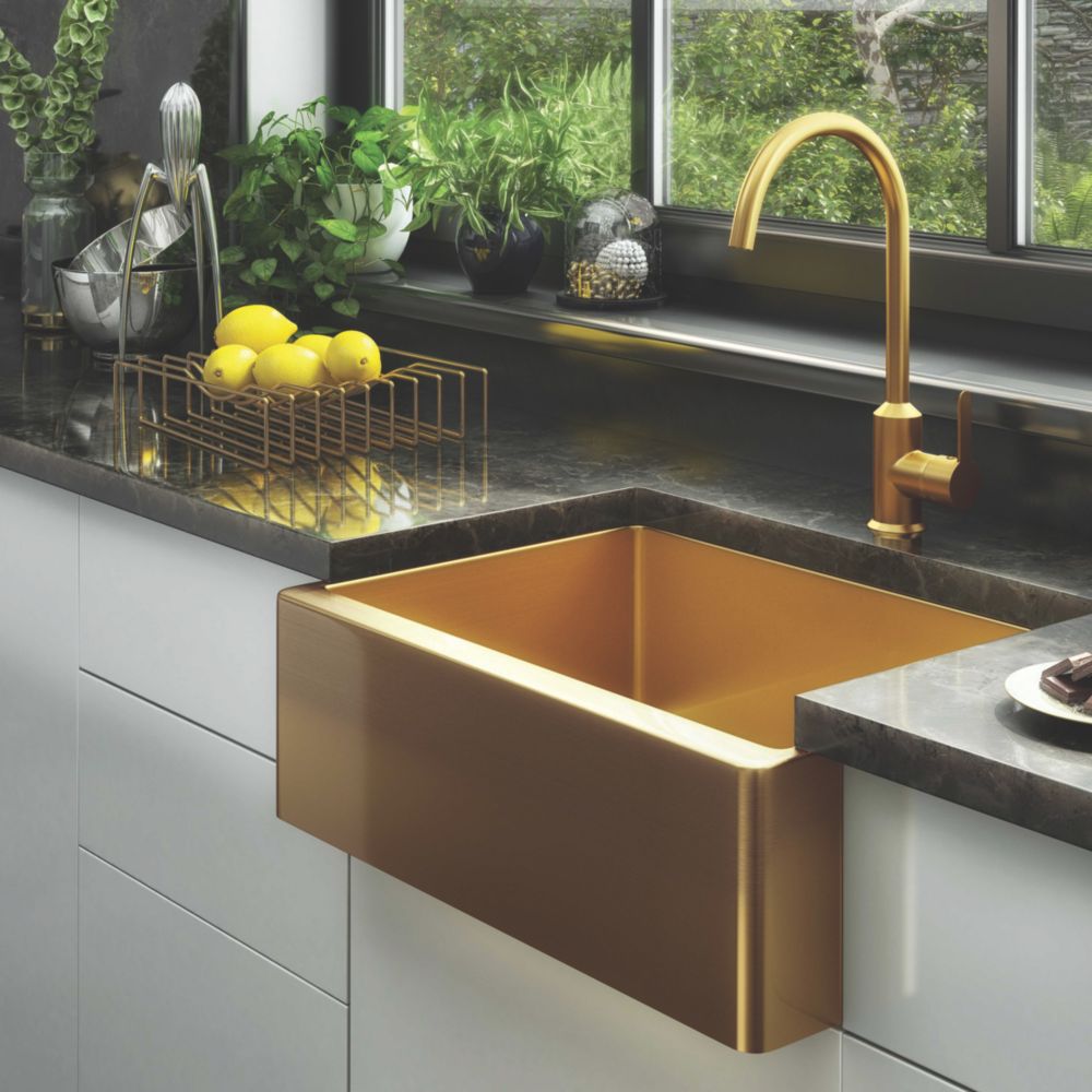 ETAL Excel 1 Bowl Stainless Steel Belfast Kitchen Sink Gold 600mm x ...
