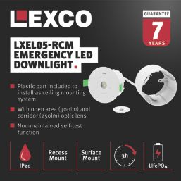 Lexco Fixed Recessed Non-Maintained Emergency LED Downlight White 1.6W 300lm 104mm - Screwfix