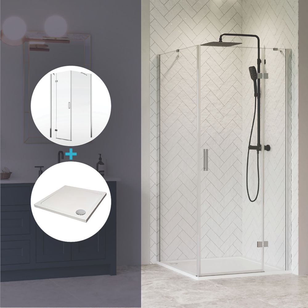 Aqualux Aquarius 6 Frameless Square Shower Enclosure & Tray Reversible Left/Right Opening Chrome ...