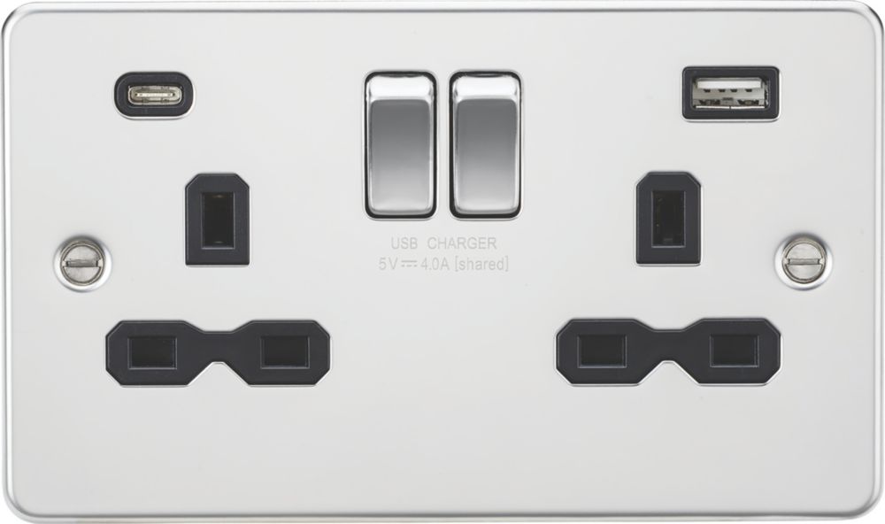 Knightsbridge 13A 2-Gang SP Switched Socket + 4.0A 20W 2-Outlet Type A & C USB Charger Polished ...