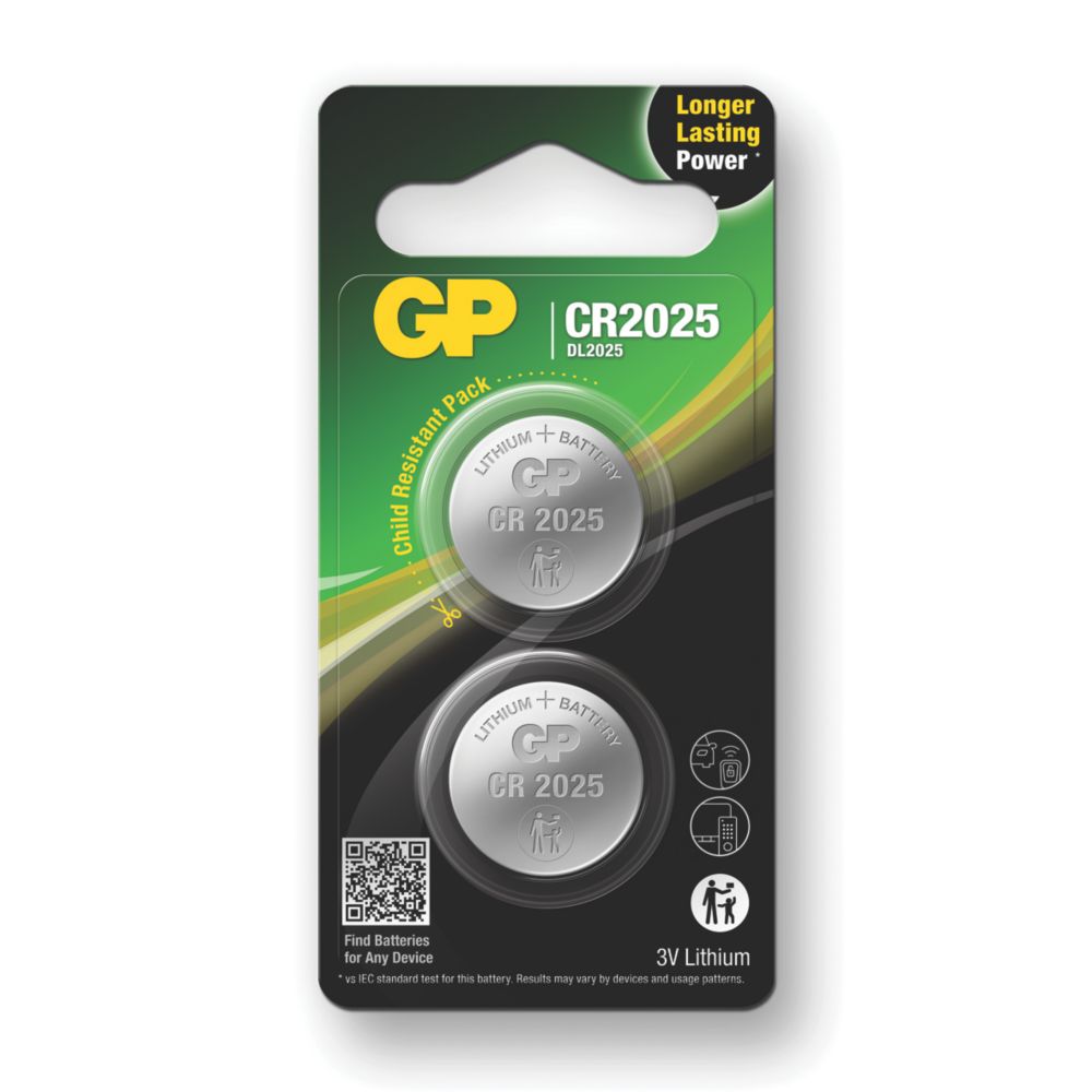 GP Batteries CR2025 3V Coin Cell Lithium Batteries 2 Pack - Screwfix