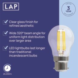 LAP B22 Mini Globe LED Light Bulb Clear 470lm 2.9W 4 Pack - Screwfix