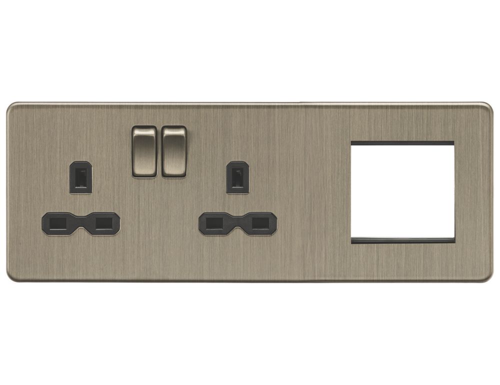 Knightsbridge 13A 2-Gang DP Multimedia Plate Antique Brass with Black ...