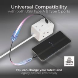 Masterplug 13A 3-Gang Unswitched Extension Lead + 2.1A 2-Outlet Type A ...