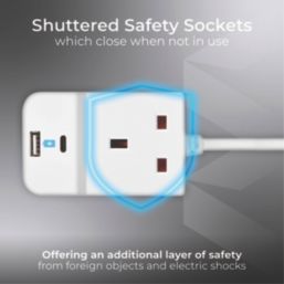 Masterplug 13A 3-Gang Unswitched Extension Lead + 2.1A 2-Outlet Type A ...