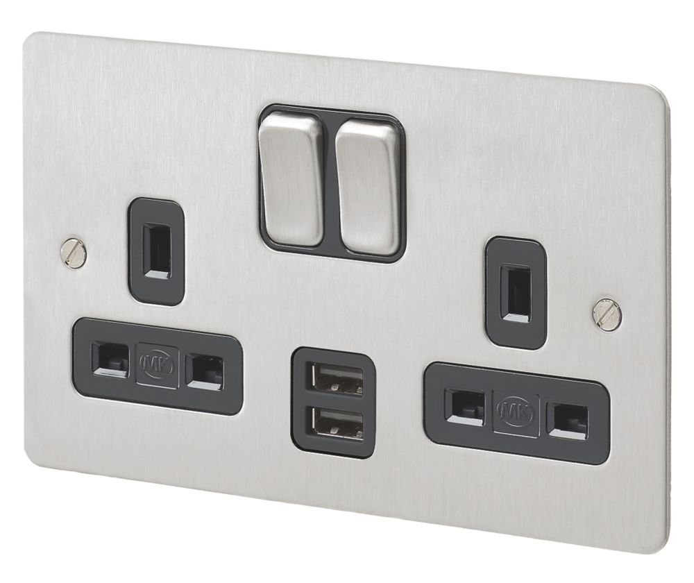 MK Edge 13A 2-Gang DP Switched Socket + 2A 2-Outlet Type A USB Charger ...