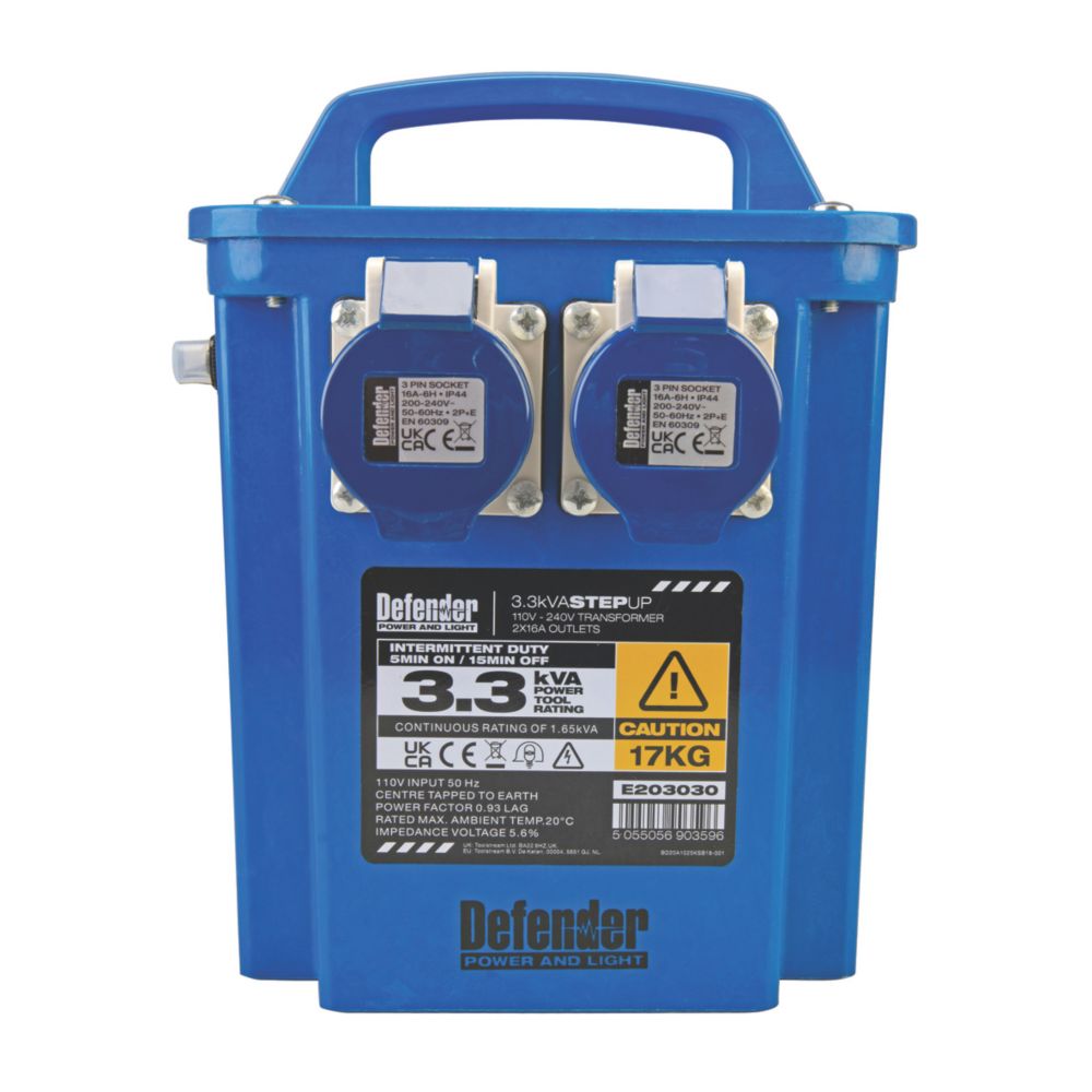 Defender 3.3kVA Intermittent Step-Up Transformer 110V/230V Blue - Screwfix