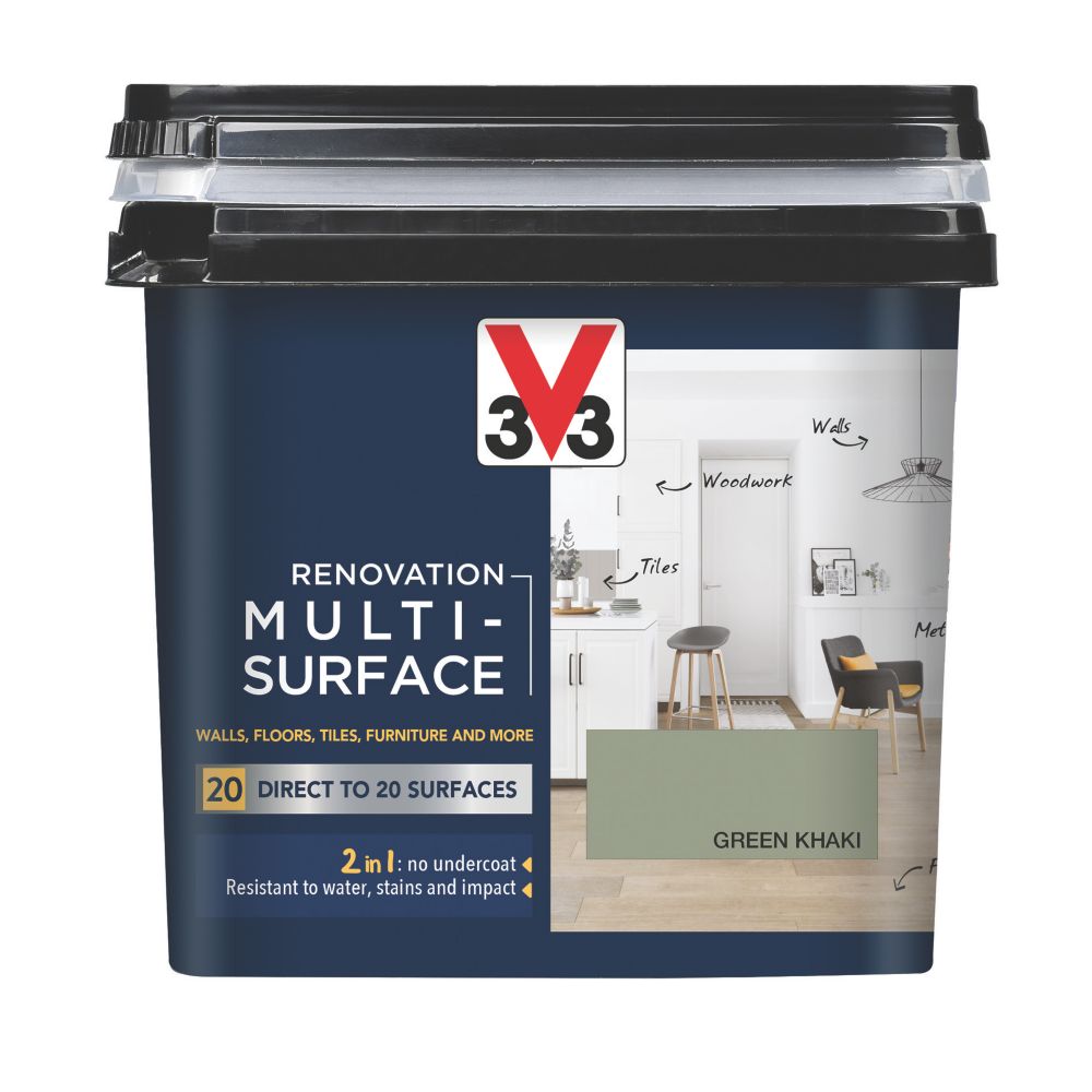 V33 750ml Green Khaki Satin Acrylic Multi Surface Paint - Screwfix