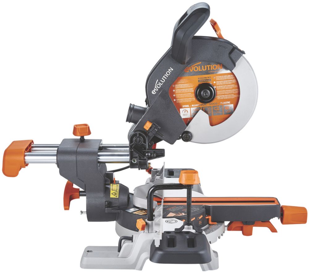 Evolution R210SMS 210mm Electric Single Bevel Sliding Multi Material Mitre Saw 220 240V Screwfix