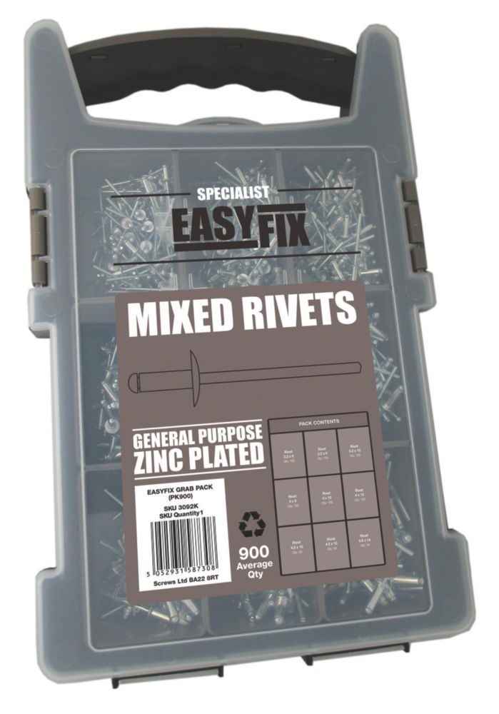 Easyfix BZP Mixed Rivets Pack 900 Pcs - Screwfix