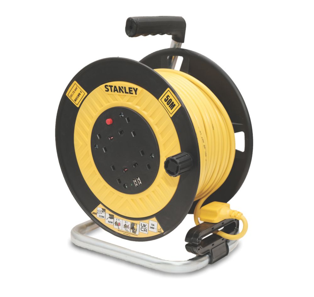 Stanley 13A 4-Gang 50m Cable Reel + 2.1A 2-Outlet Type A USB Charger ...