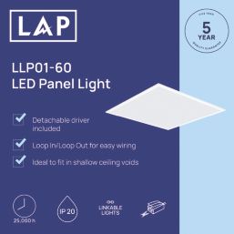 LAP Square 595mm x 595mm LED Panel Light White 36W 3600lm - Screwfix