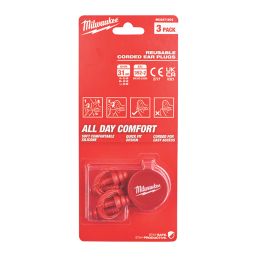 Milwaukee 4932471904 31dB Reusable Corded Ear Plugs 3 Pairs - Screwfix
