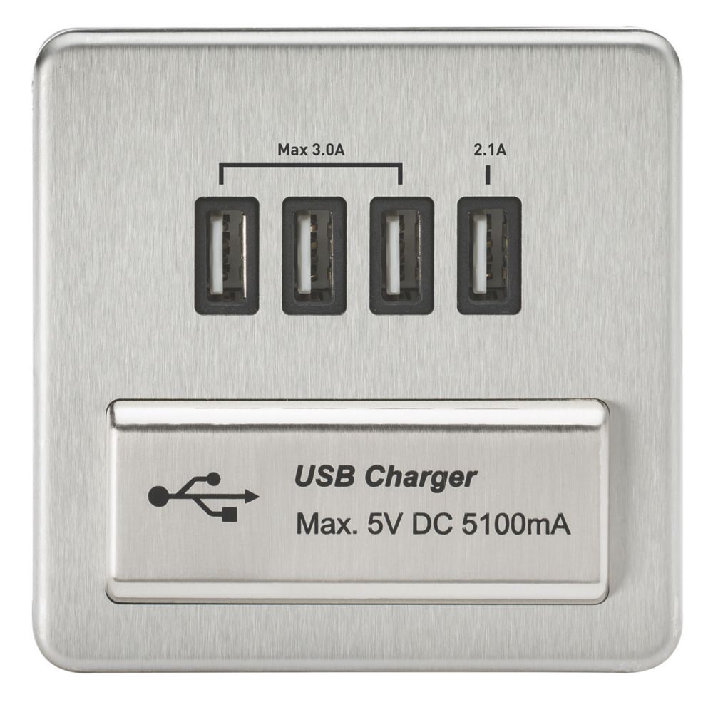 Knightsbridge 5.1A 25.5W 4-Outlet Type A USB Socket Brushed Chrome with ...