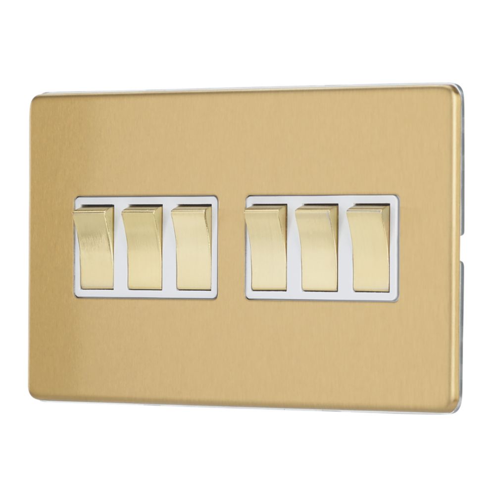 Contactum Lyric 10AX 6-Gang 2-Way Light Switch Brushed Brass with White ...