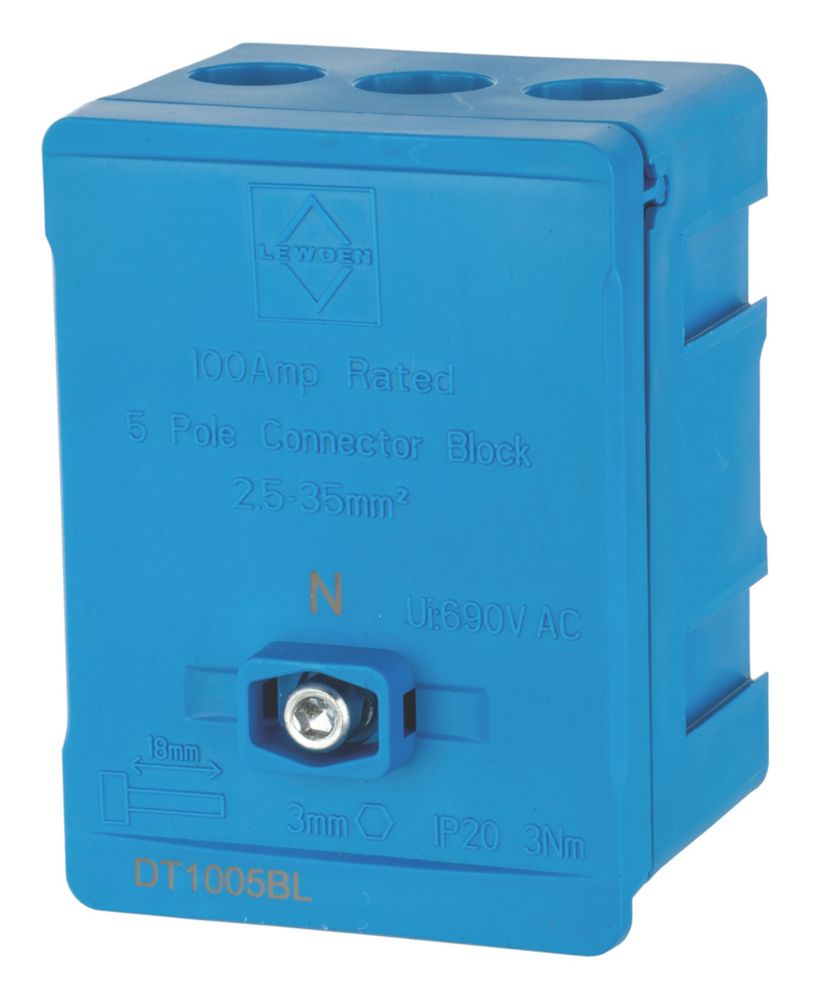 Lewden 100A 5-Way 2.5-35mm² Connector Block Blue - Screwfix