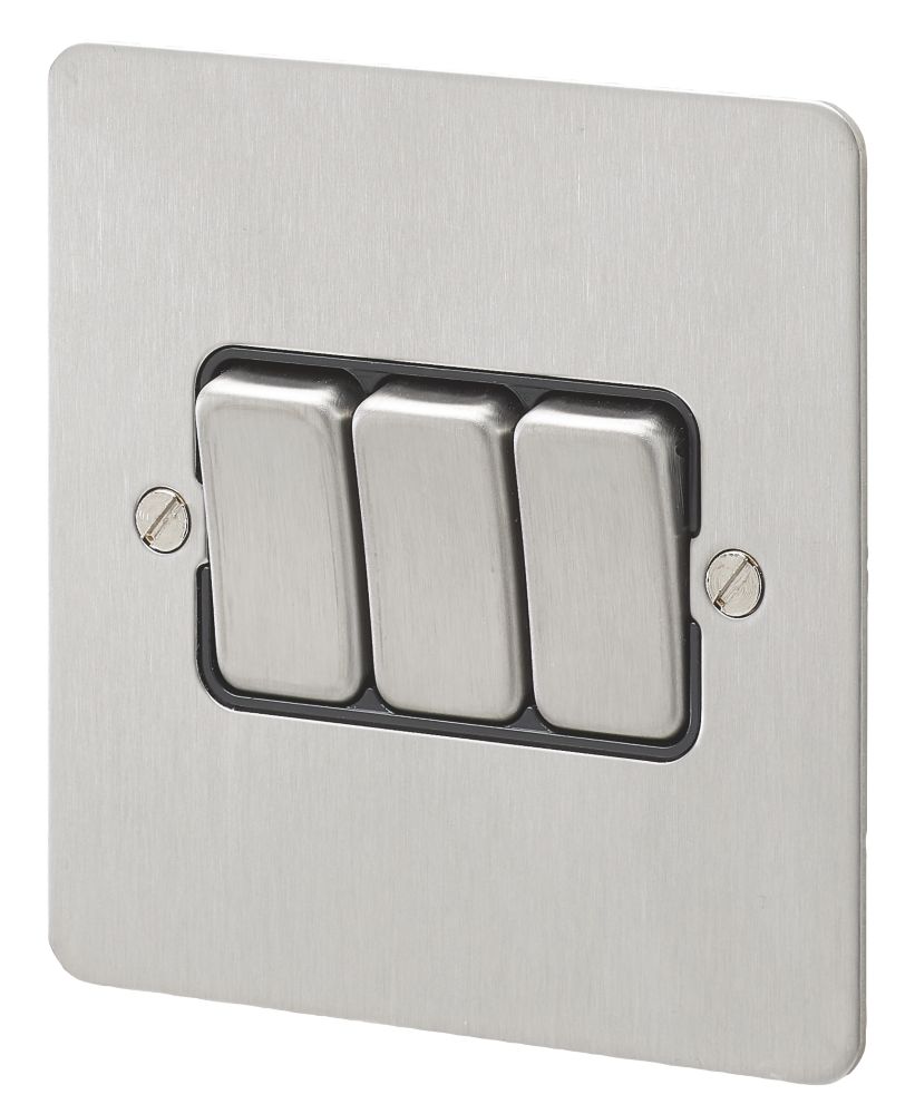 MK Edge 10AX 3-Gang 2-Way Light Switch Brushed Stainless Steel with Black Inserts - Screwfix