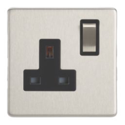 Contactum Lyric 13A 1-Gang DP Switched Socket Outlet Brushed Steel with Black Inserts - Screwfix
