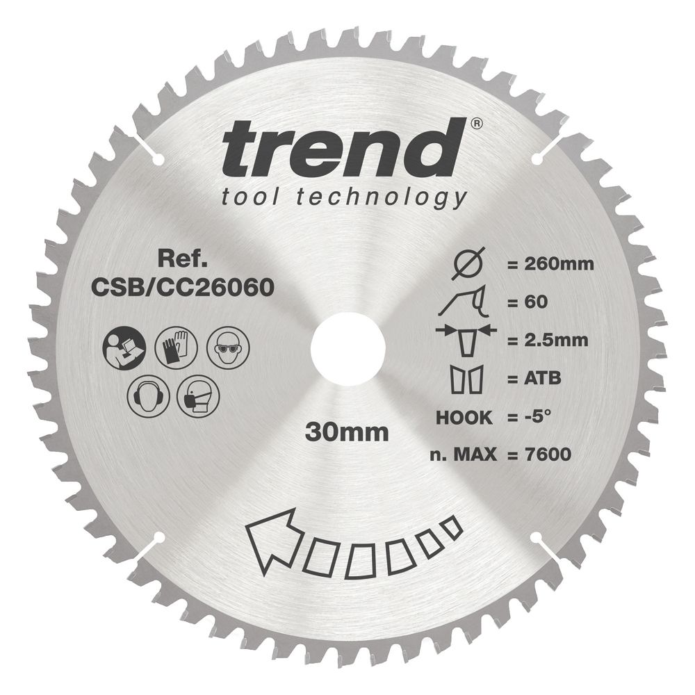 Trend Wood/Chipboard/MDF Mitre Saw Blade 260mm x 30mm 60T - Screwfix