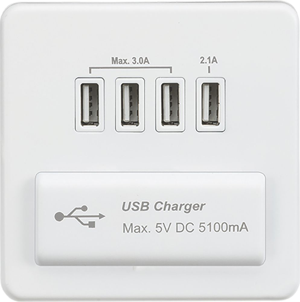 Knightsbridge SFQUADMW 5.1A 4-Outlet Type A USB Socket Matt White with ...