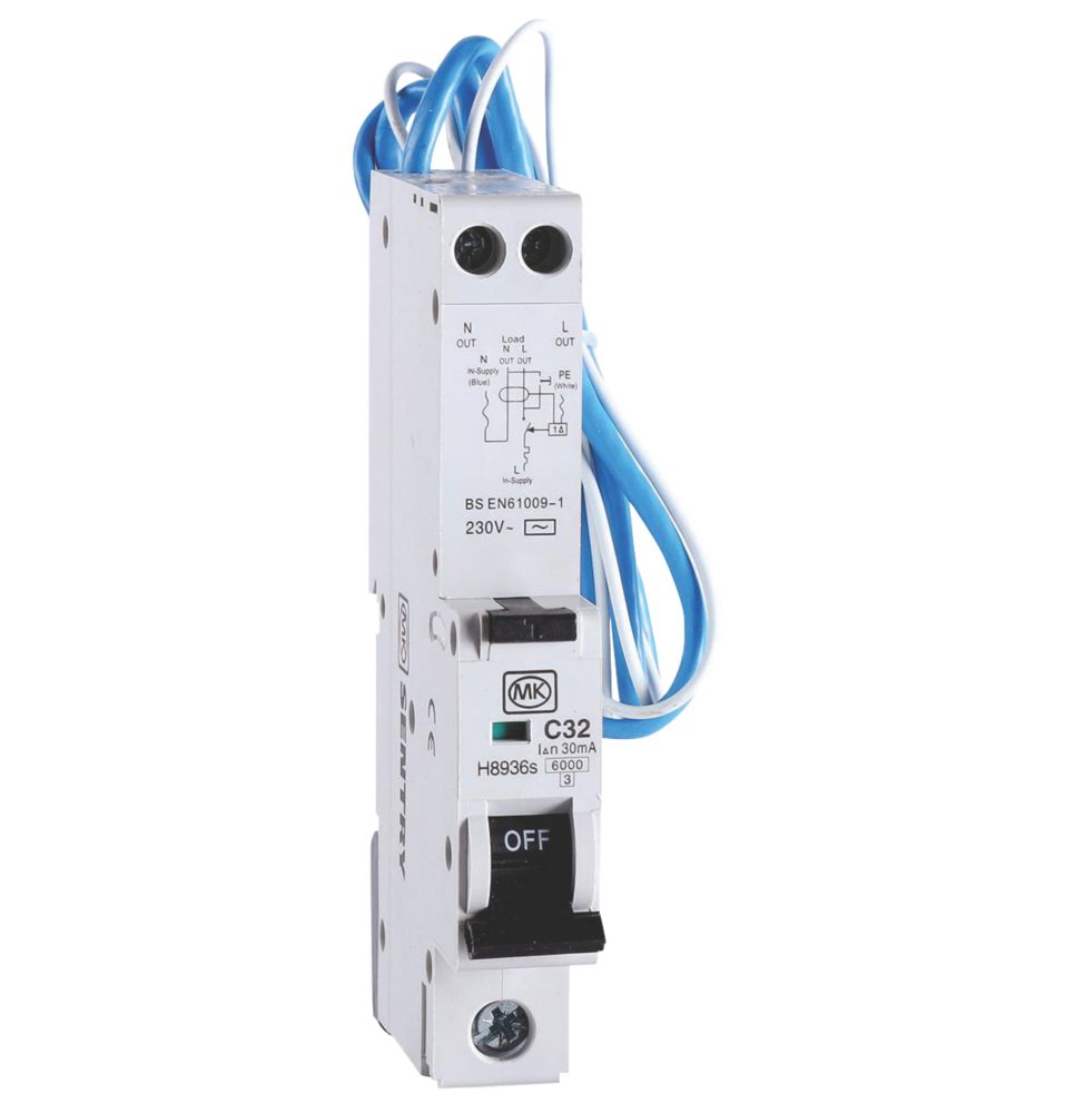 MK Sentry 32A 30mA SP Type C RCBO - Screwfix