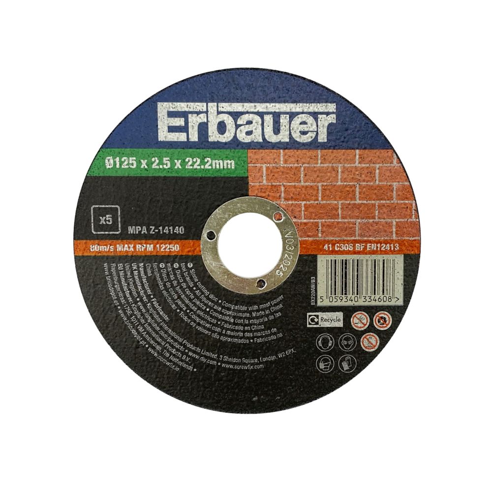 Erbauer Masonry Cutting Discs 125mm (5") x 22.2mm 5 Pack - Screwfix