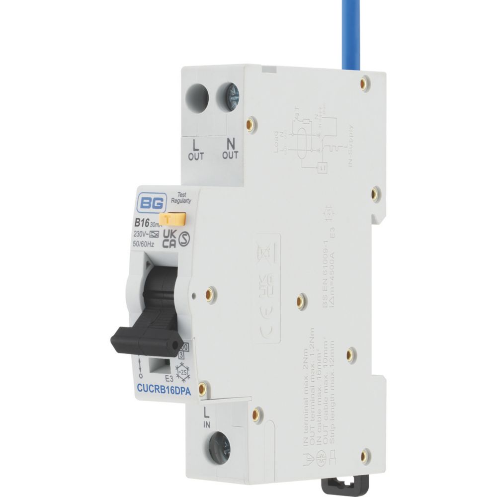 British General 16A 30mA Type A DP B Curve Bidirectional RCBO Double Pole - Screwfix