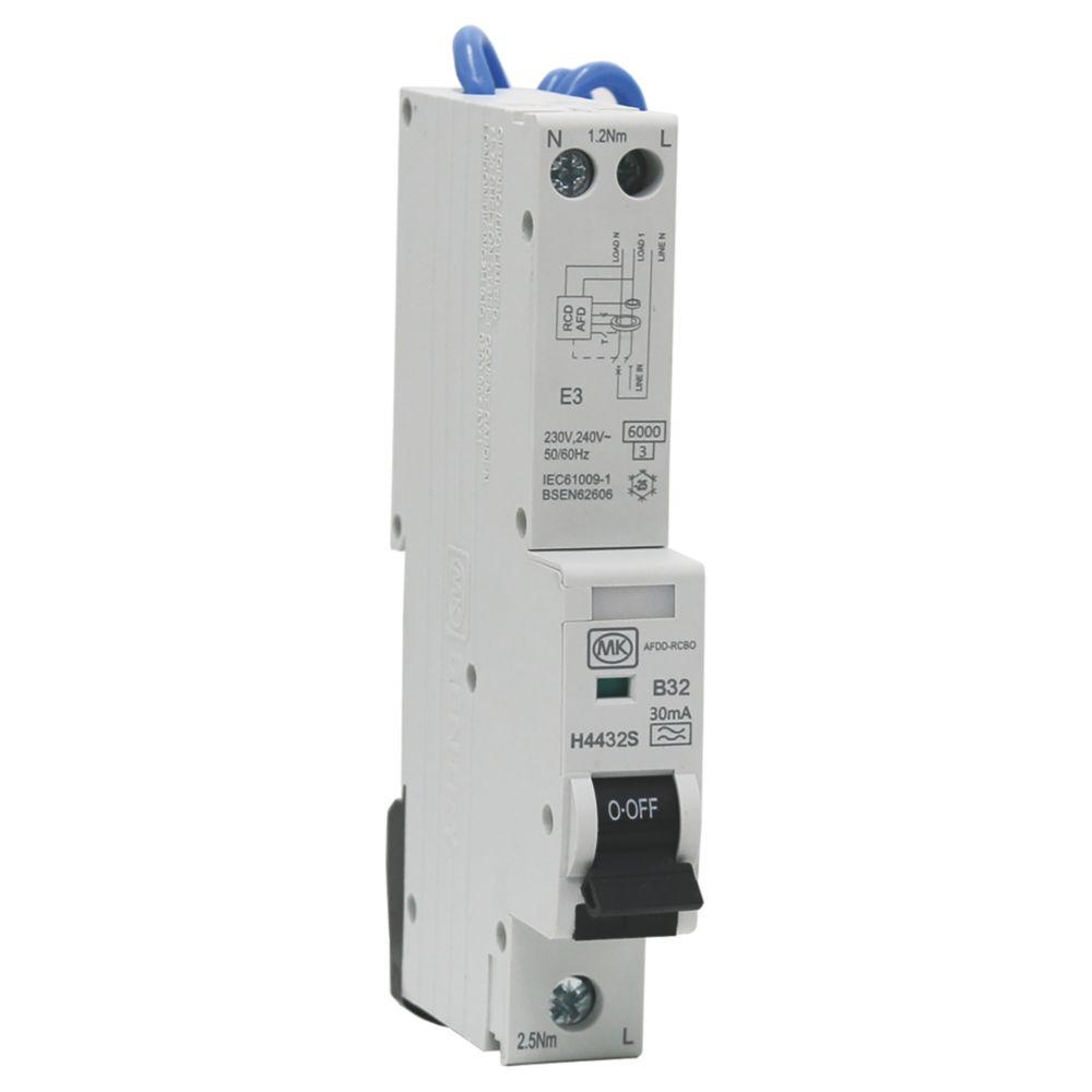 MK Sentry 32A 30mA Type A 1+N B Curve AFDD with RCBO - Screwfix