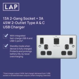LAP 13A 2-Gang SP Switched Socket + 3A 45W 2-Outlet Type A & C USB ...
