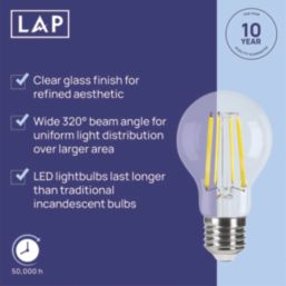 LAP E27 A60 LED Light Bulb Clear 806lm 3.8W 2 Pack - Screwfix
