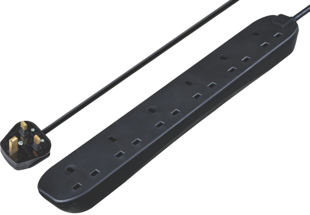 Masterplug 13A 6-Gang Unswitched Extension Lead Black 2m - Screwfix