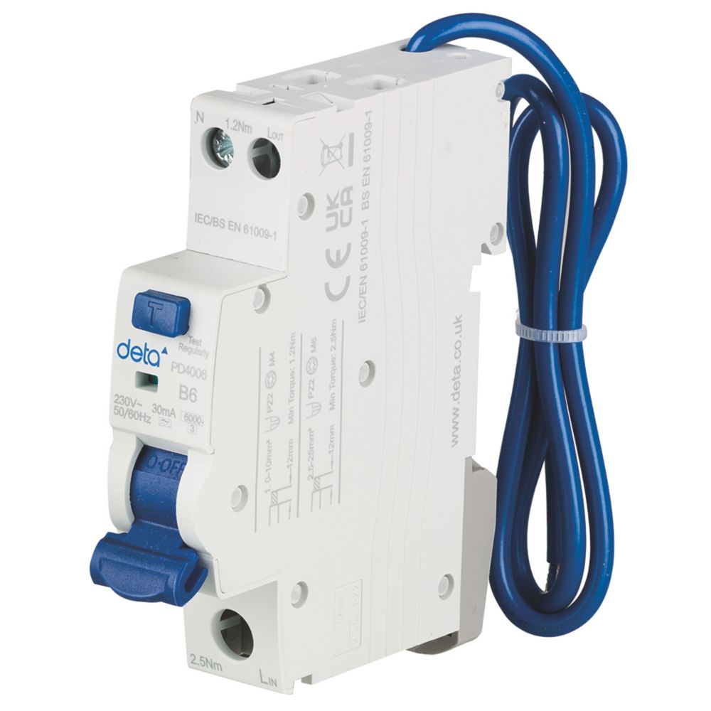 Deta 6A 30mA Type A SP & N B Curve Mini RCBO - Screwfix