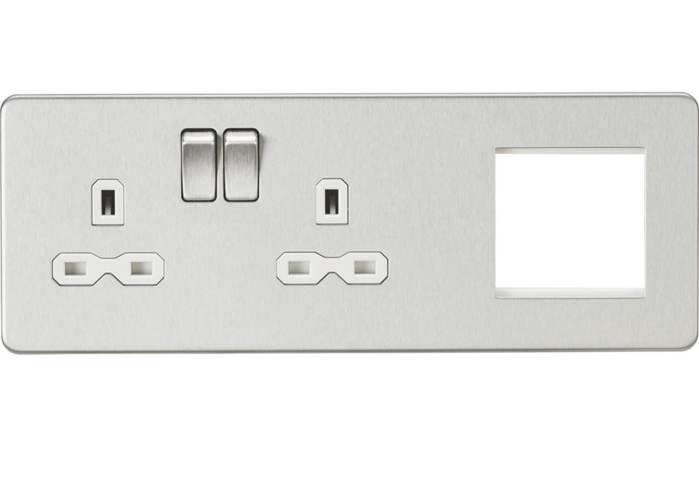 Knightsbridge 13A 2-Gang DP Combination Plate Brushed Chrome with White ...