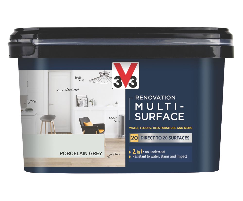 V33 2Ltr Porcelain Grey Satin Acrylic Multi Surface Paint - Screwfix