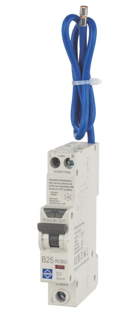 Lewden 25A 30mA Type A 1P+N B Curve Bidirectional Residual Current Circuit Breaker - Screwfix