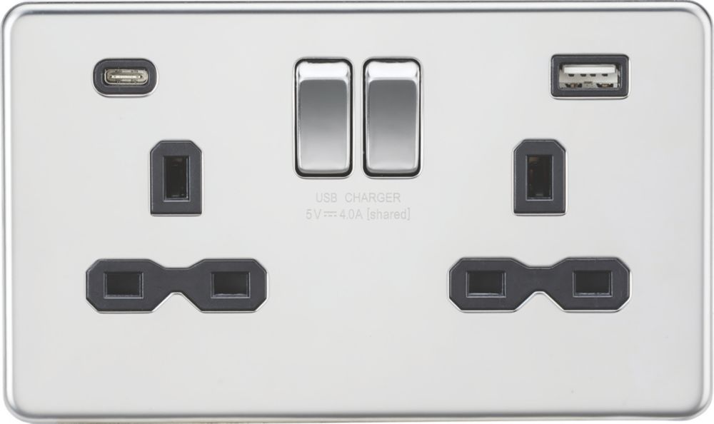 Knightsbridge 13A 2-Gang SP Switched Socket + 4.0A 20W 2-Outlet Type A & C USB Charger Polished ...