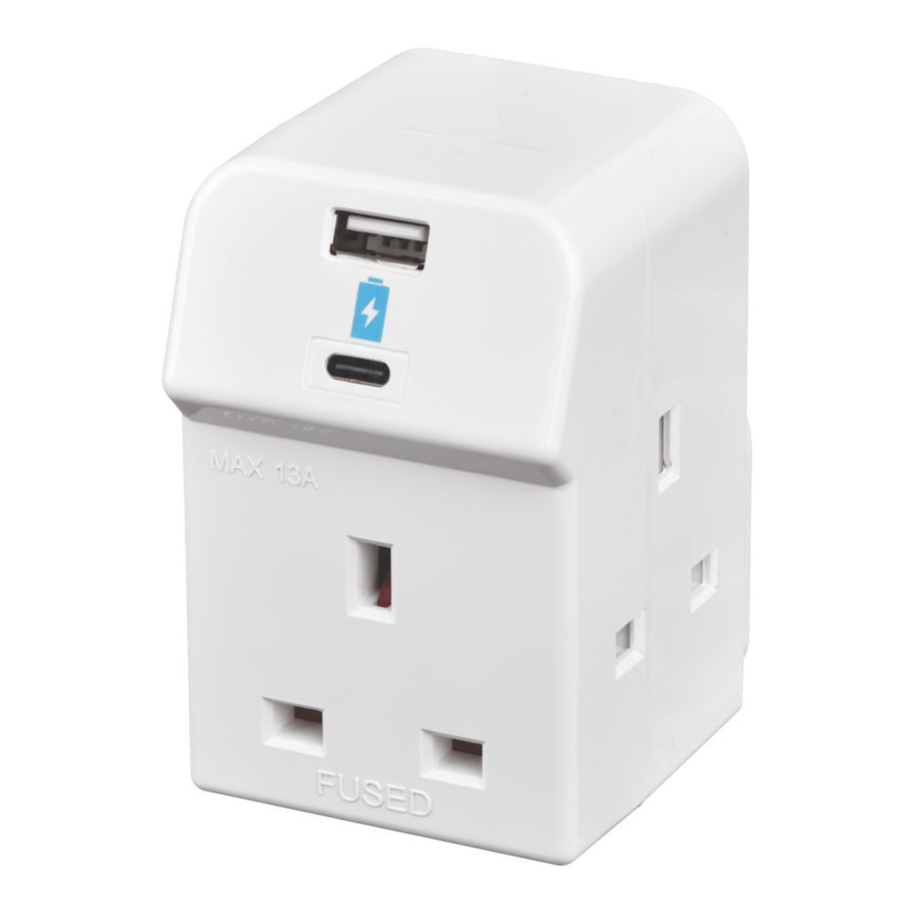 Masterplug 13A Fused 3-Way Multi Socket Adaptor + 2.1A 2-Outlet Type A ...